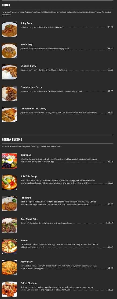 Tokyo Bowl menu in Denver, Colorado, USA