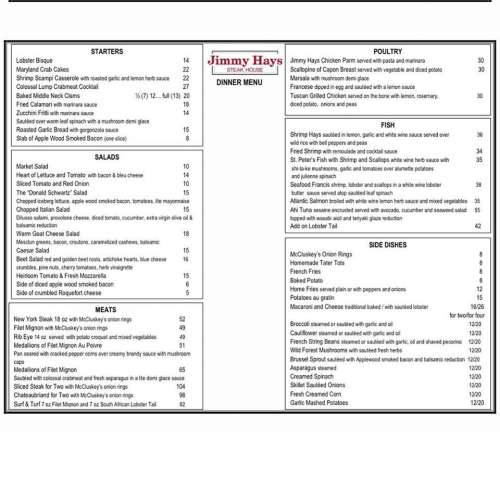 Jimmy Hays Steak House menu in Island Park, New York, USA