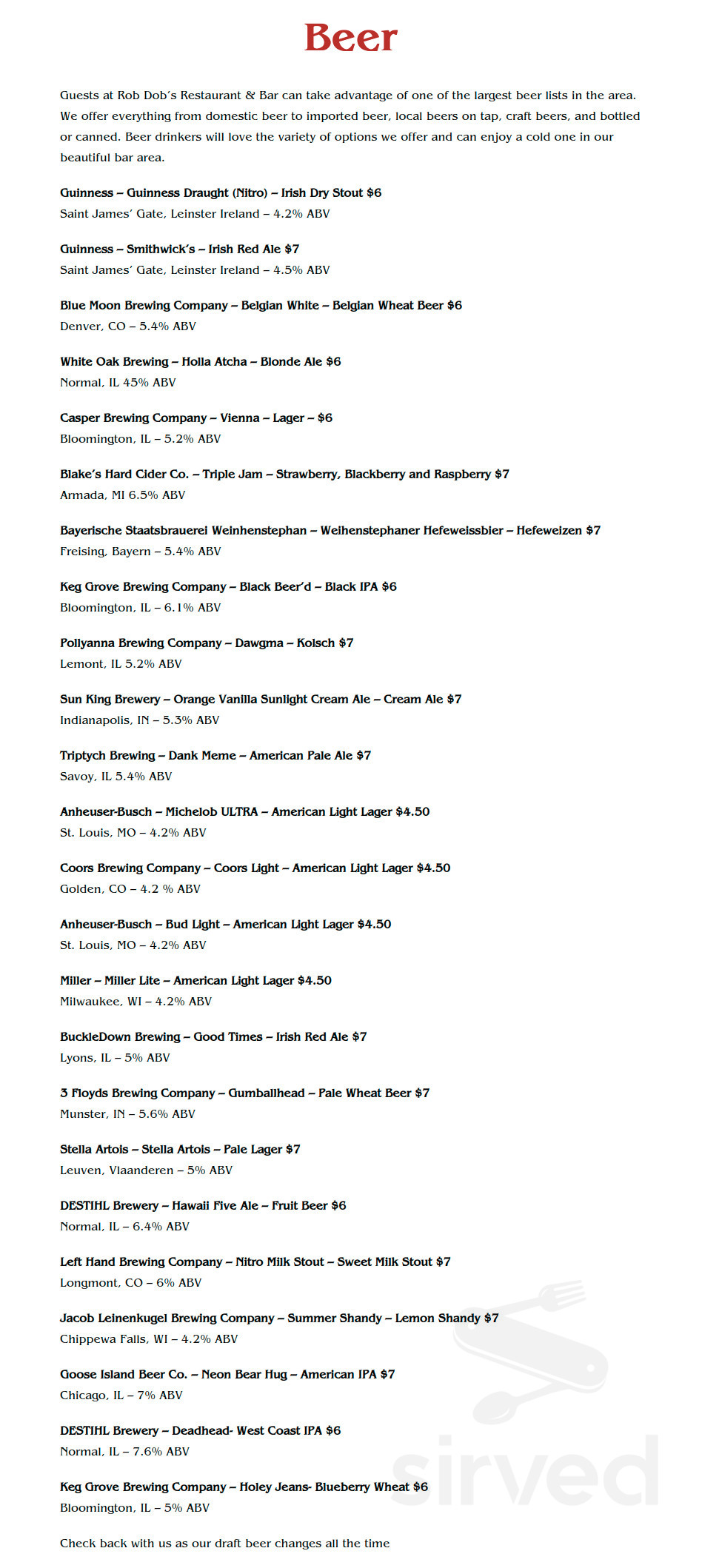 Rob Dob's Restaurant & Bar menu in Bloomington, Illinois, USA