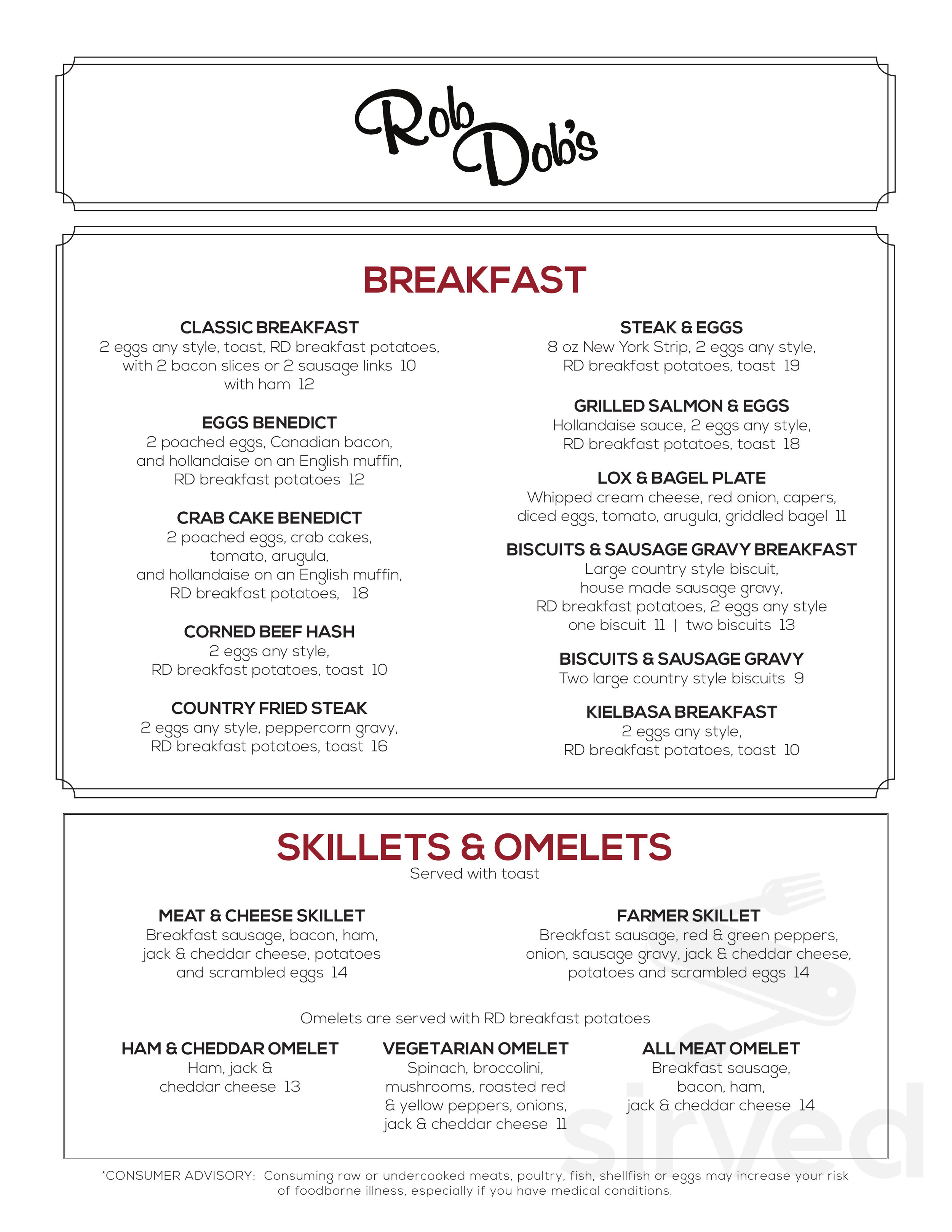 Rob Dob's Restaurant & Bar menu in Bloomington, Illinois, USA