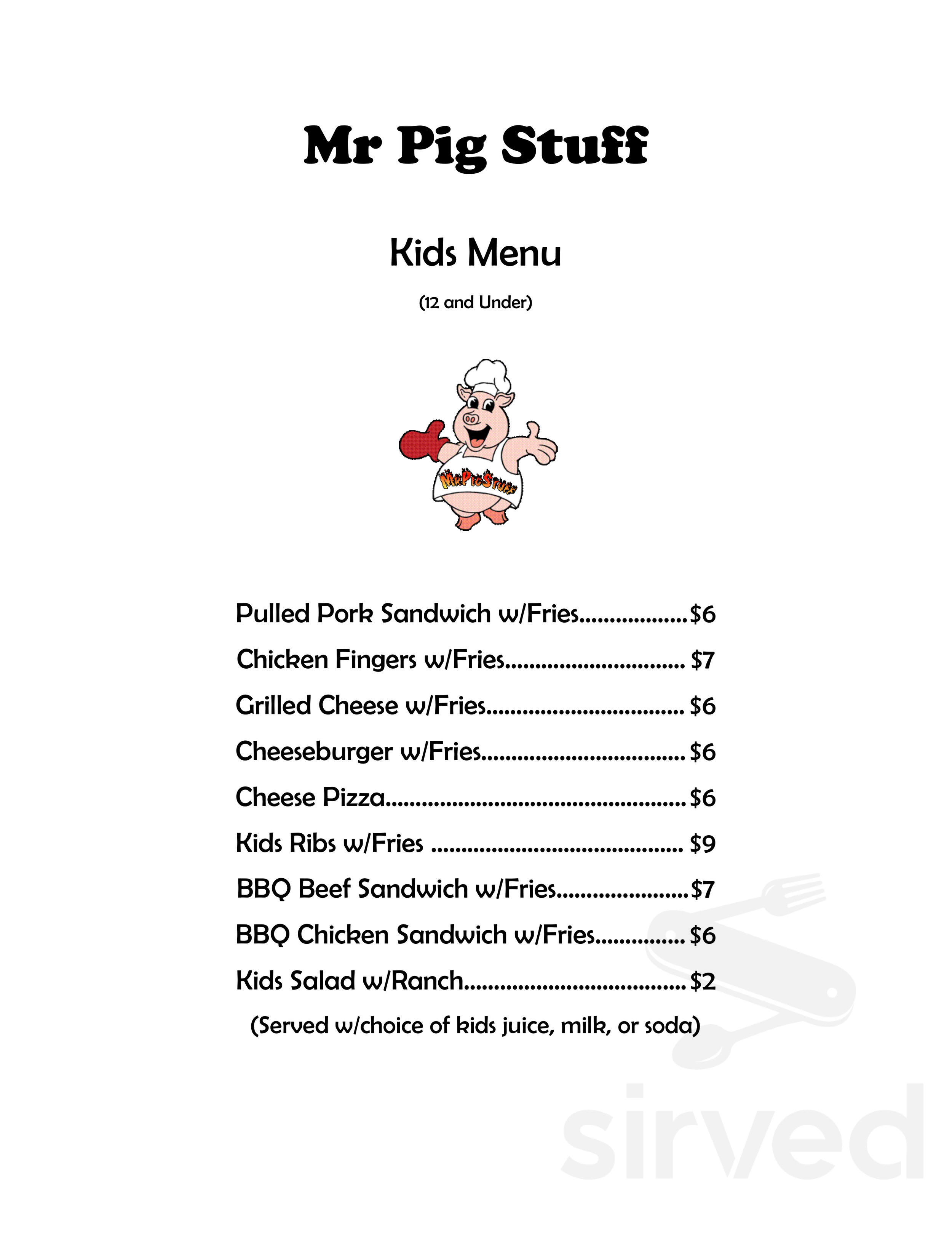 Mr Pig Stuff menu in Shakopee, Minnesota, USA