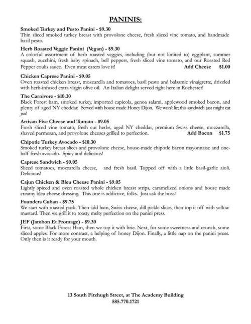Founders Cafe menu in Rochester, New York, USA