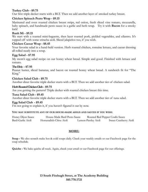 Founders Cafe menu in Rochester, New York, USA