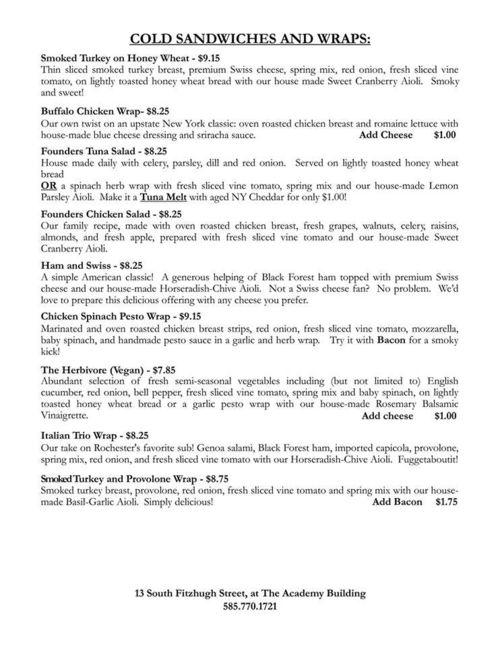 Founders Cafe menu in Rochester, New York, USA