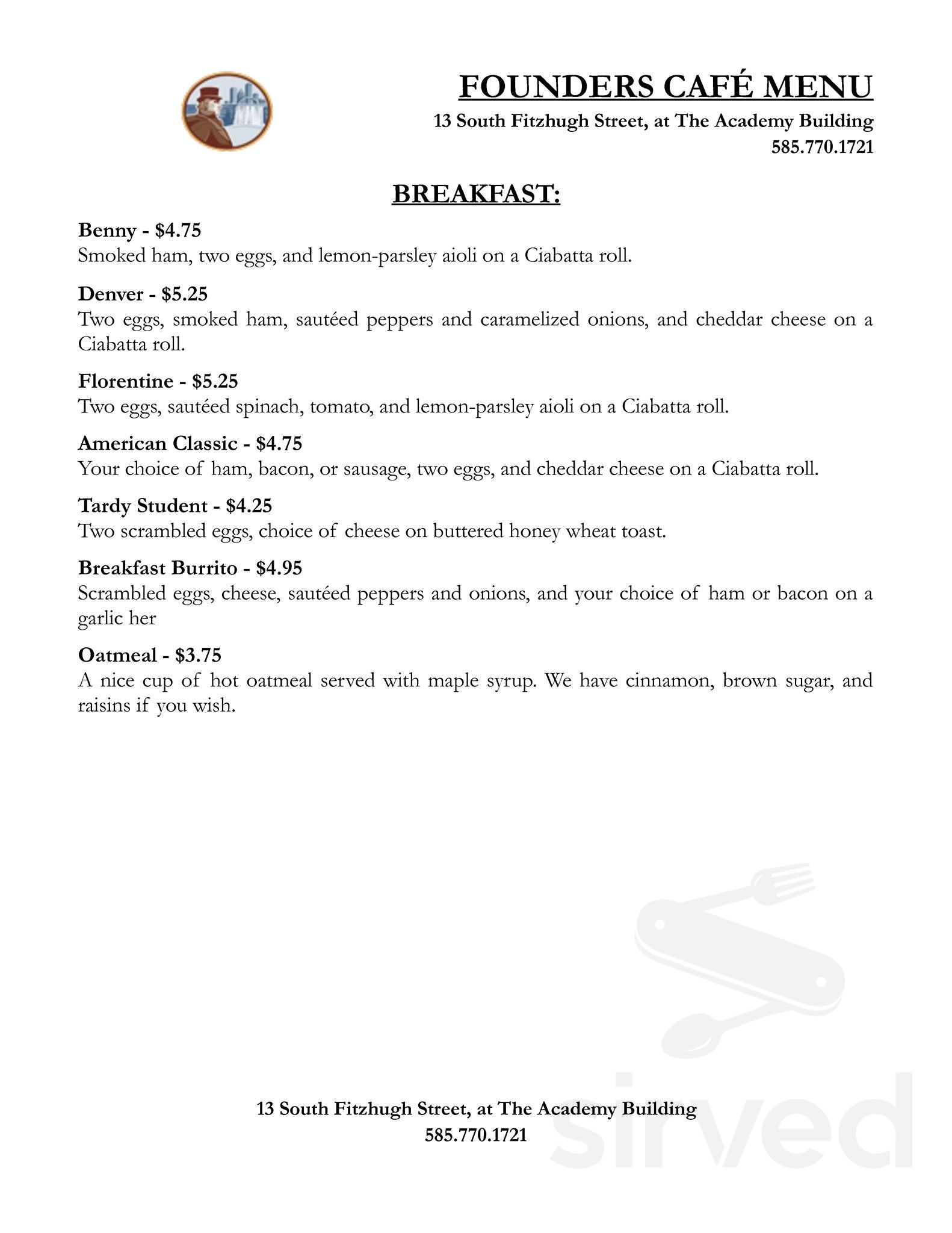 Founders Cafe menu in Rochester, New York, USA