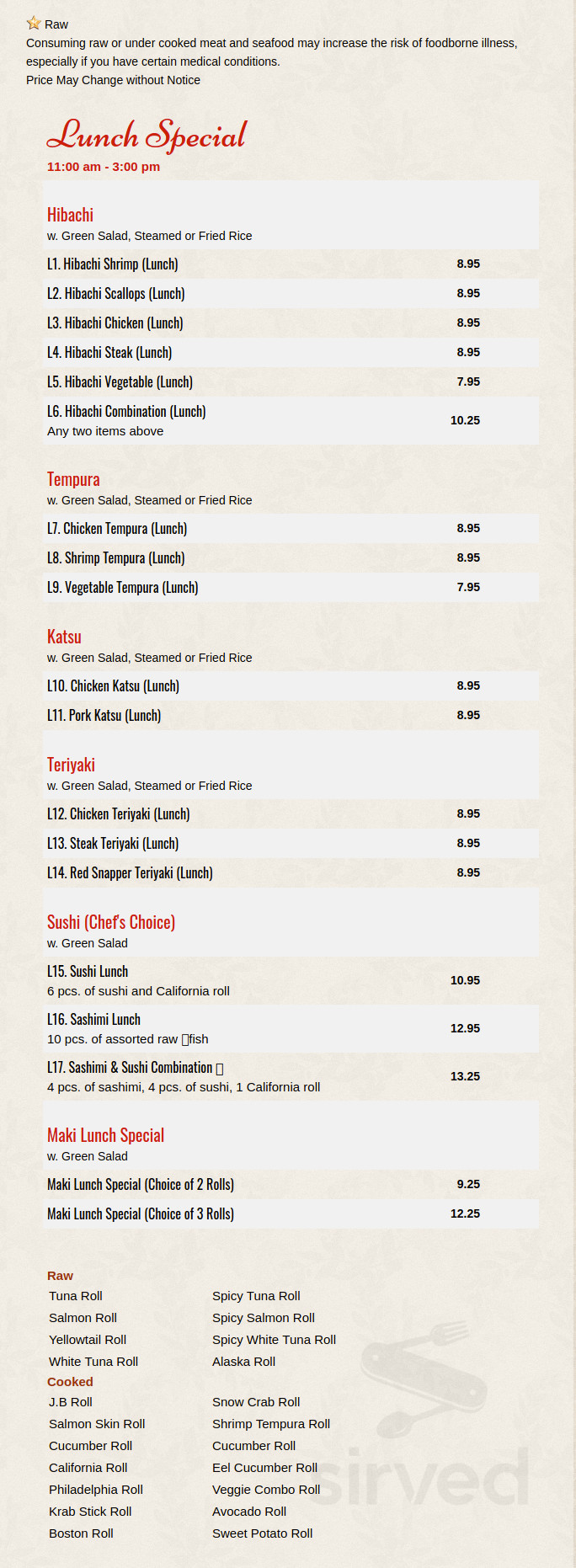 Sushi 99 menu in Ormond Beach, Florida, USA