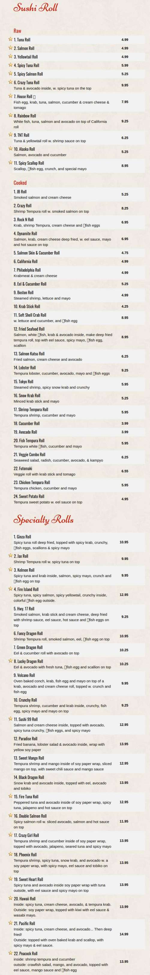 Sushi 99 menu in Ormond Beach, Florida, USA