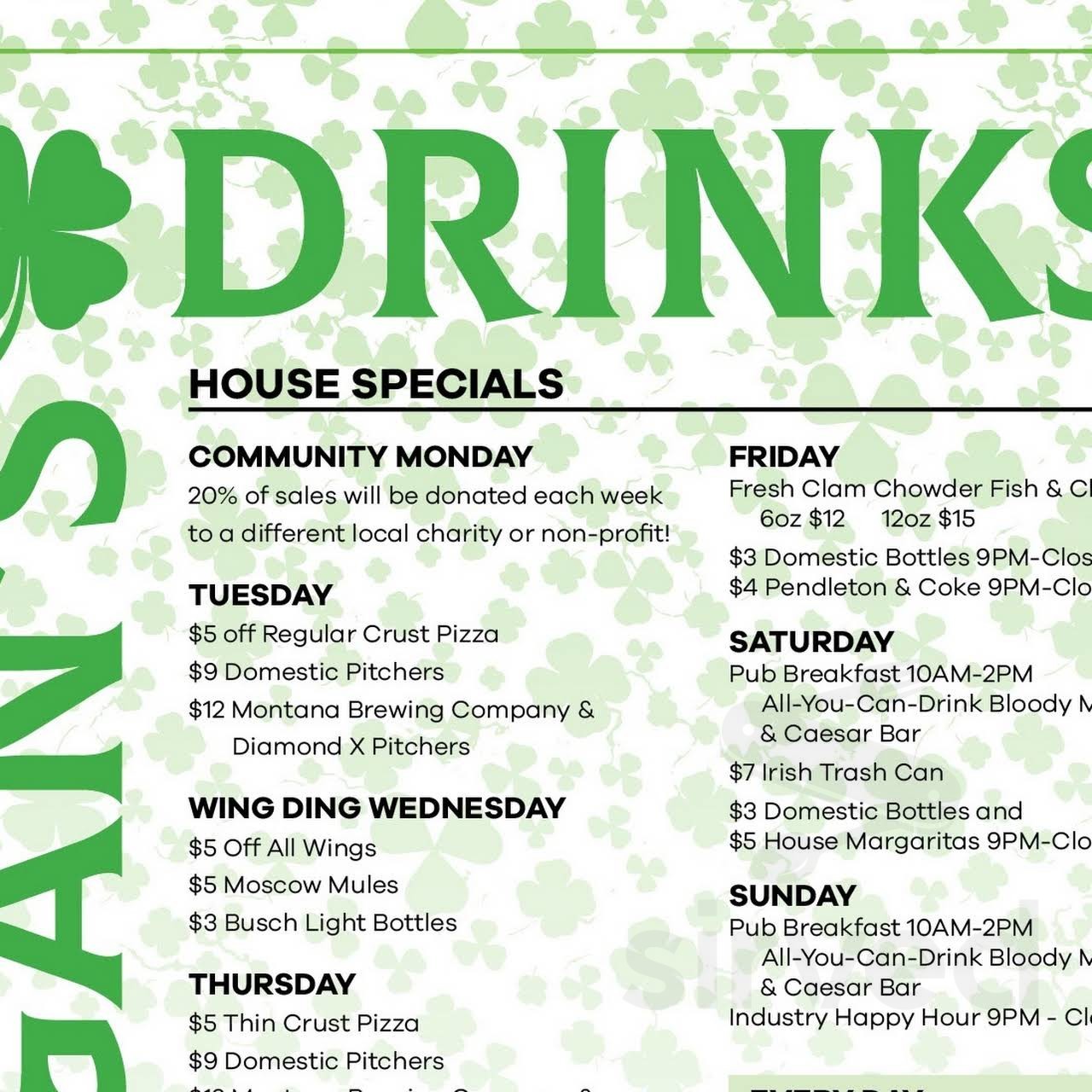 Hooligan's Sports Bar menu in Billings, Montana, USA