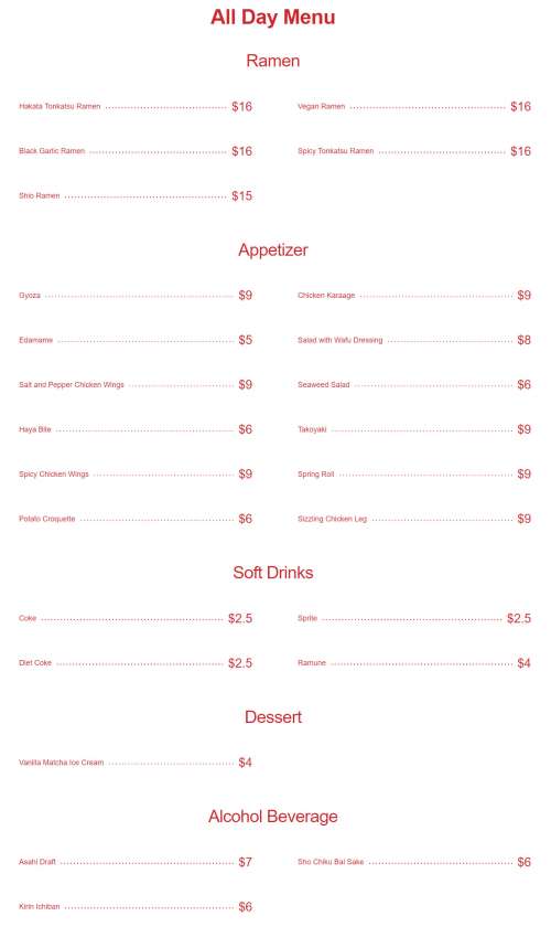 Haya Ramen menu in Pleasant Hill, California, USA