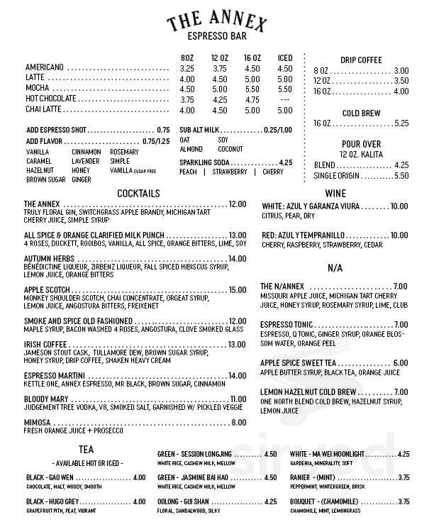 The Annex Coffee and Foods menu in Webster Groves, Missouri, USA