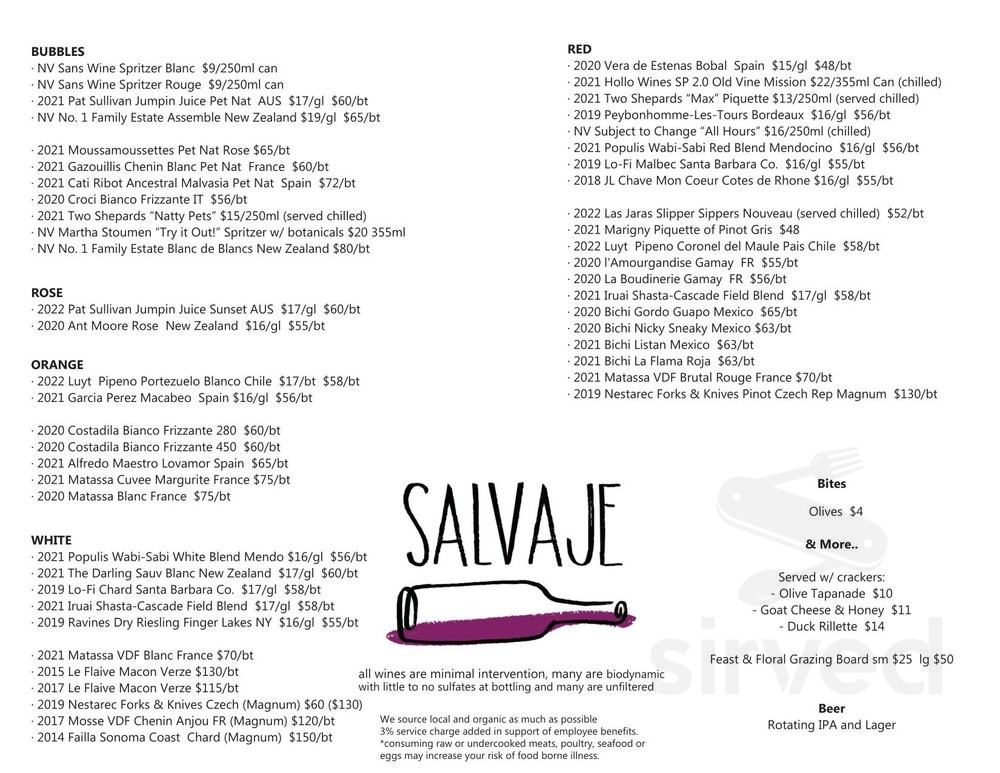 Salvaje menu in Palo Alto, California, USA