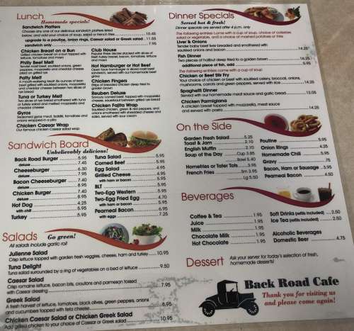 Back Road Cafe menu in Windsor, Ontario, Canada