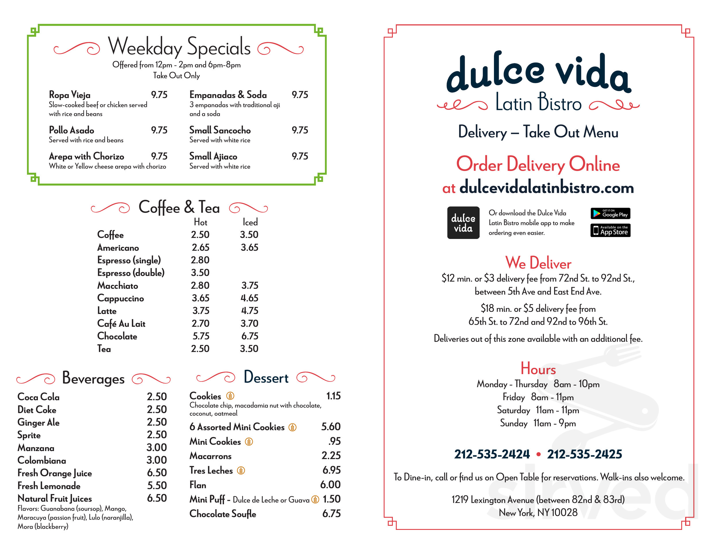 Dulce Vida Latin Bistro menu in New York, New York, USA