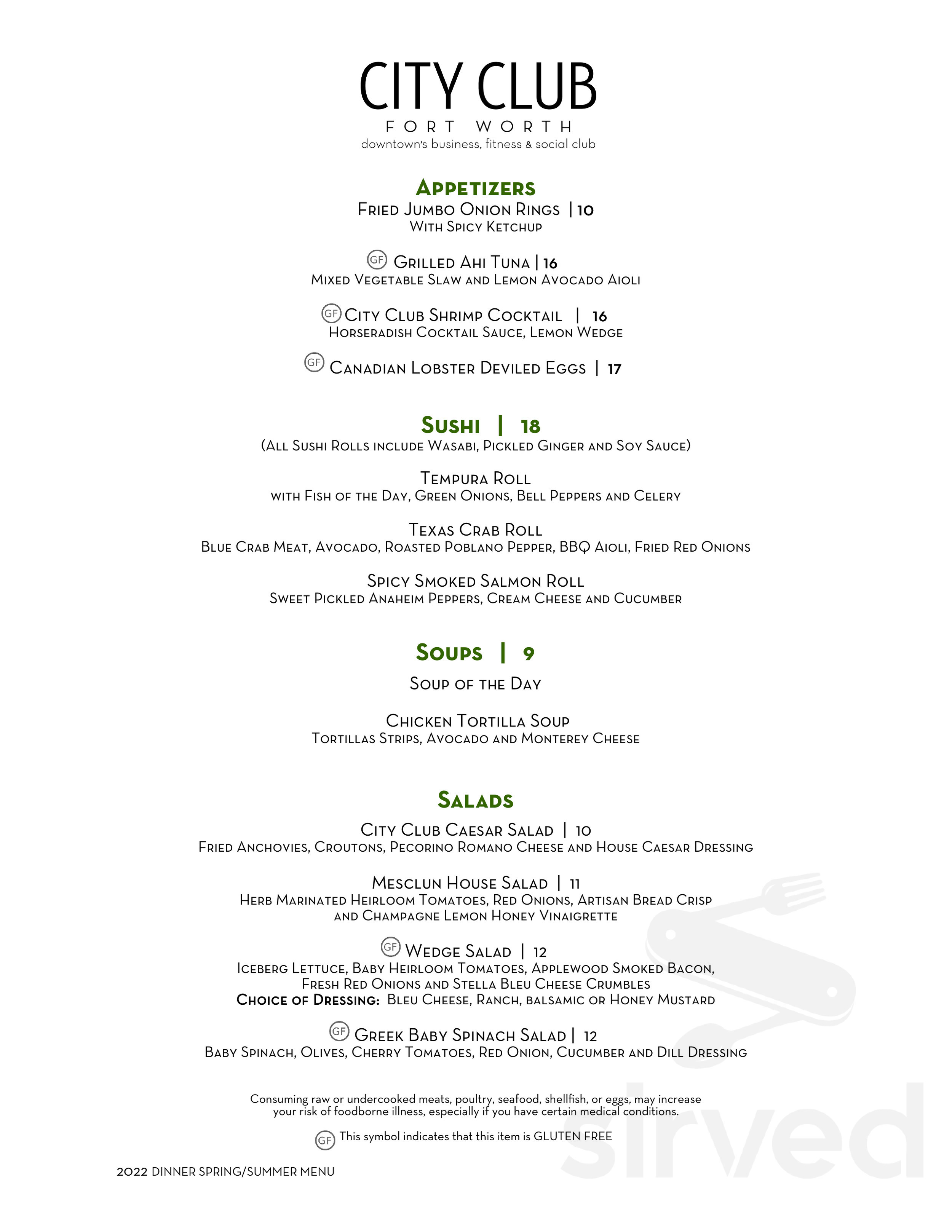 Menu - Fort Worth TX's City Club of Fort Worth | Sirved