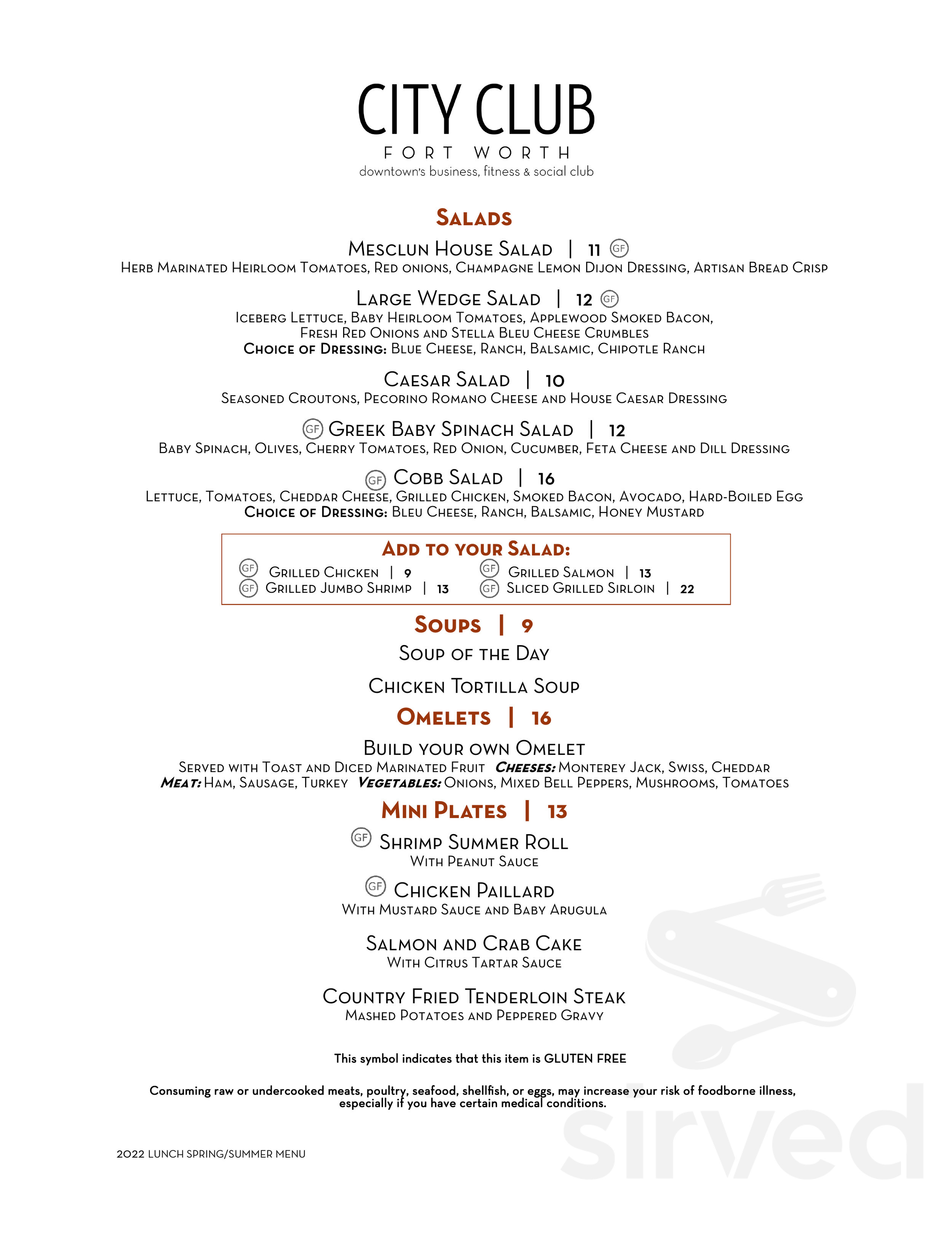 Menu for City Club of Fort Worth in Fort Worth, TX | Sirved