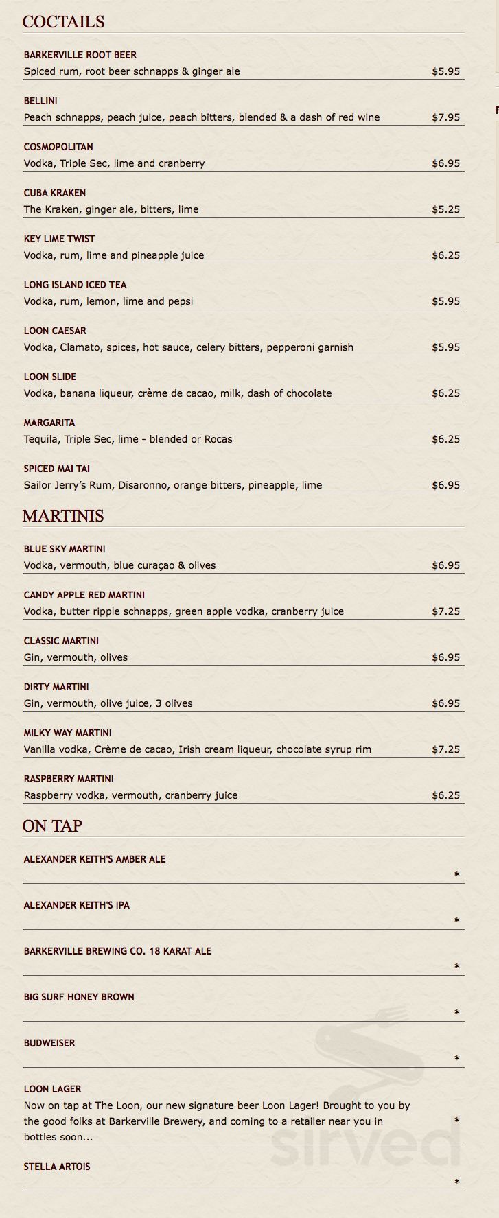 The Laughing Loon menus in Williams Lake, British Columbia, Canada