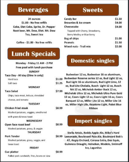 Boulevard Billiards menus in Topeka, Kansas, United States
