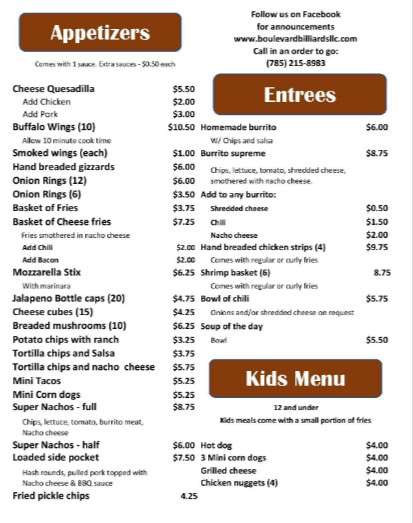 Boulevard Billiards menu in Topeka, Kansas, USA