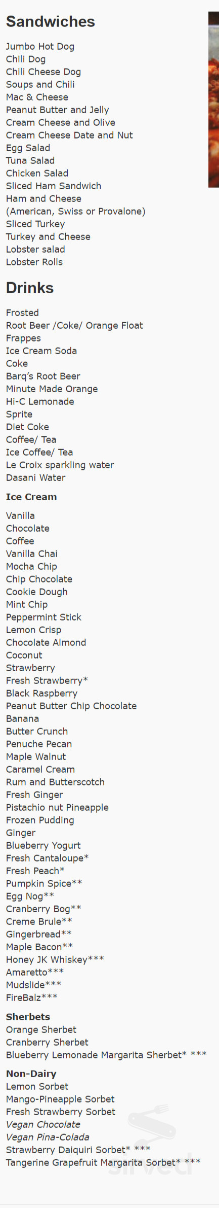 Four Seas Ice Cream menu in Centerville, Massachusetts, USA