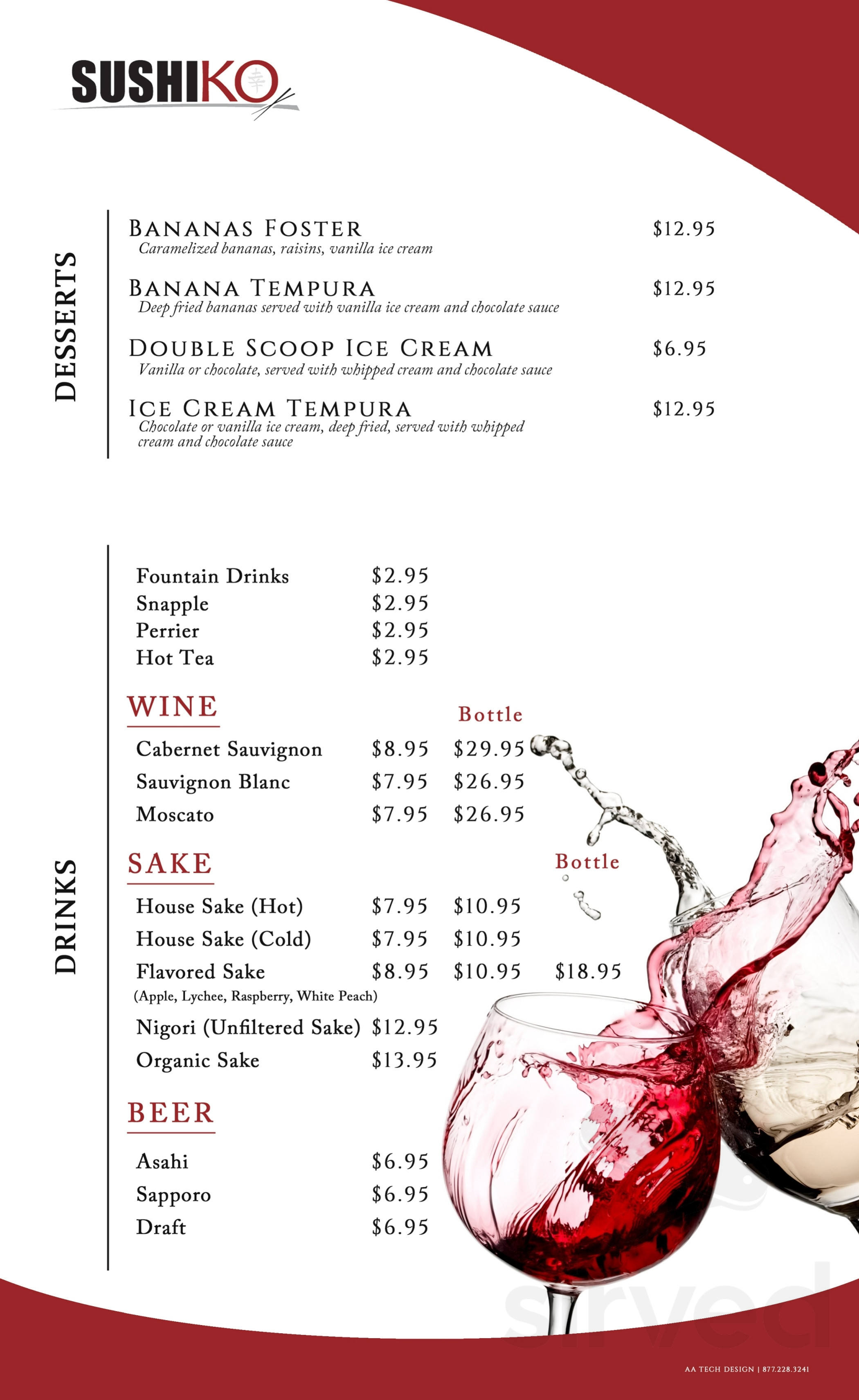 Sushiko menu in Los Angeles, California, USA