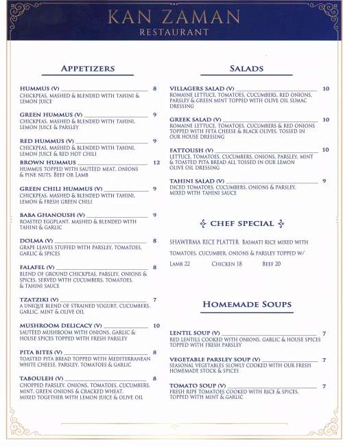 Kan Zaman Restaurant menu in Murrieta, California, USA