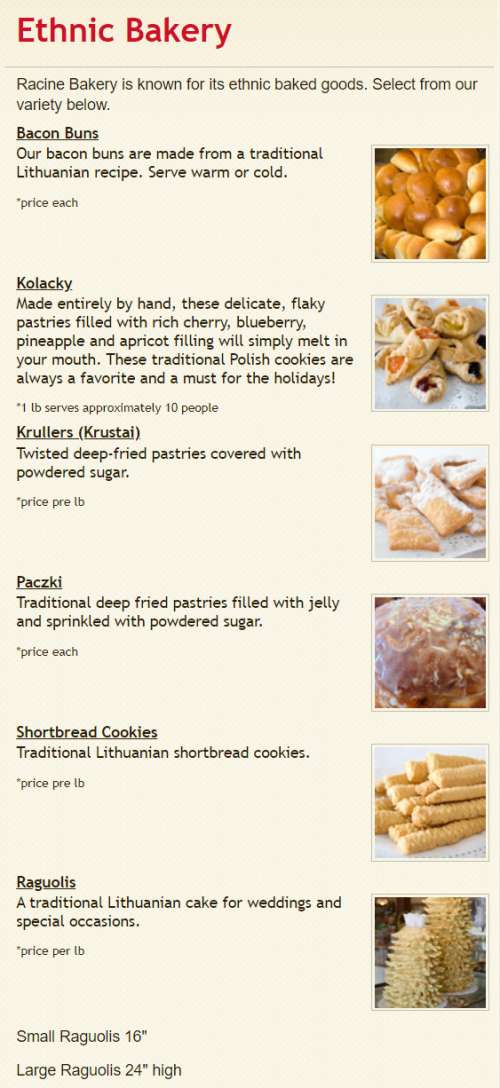 Racine Bakery menu in Chicago, Illinois, USA