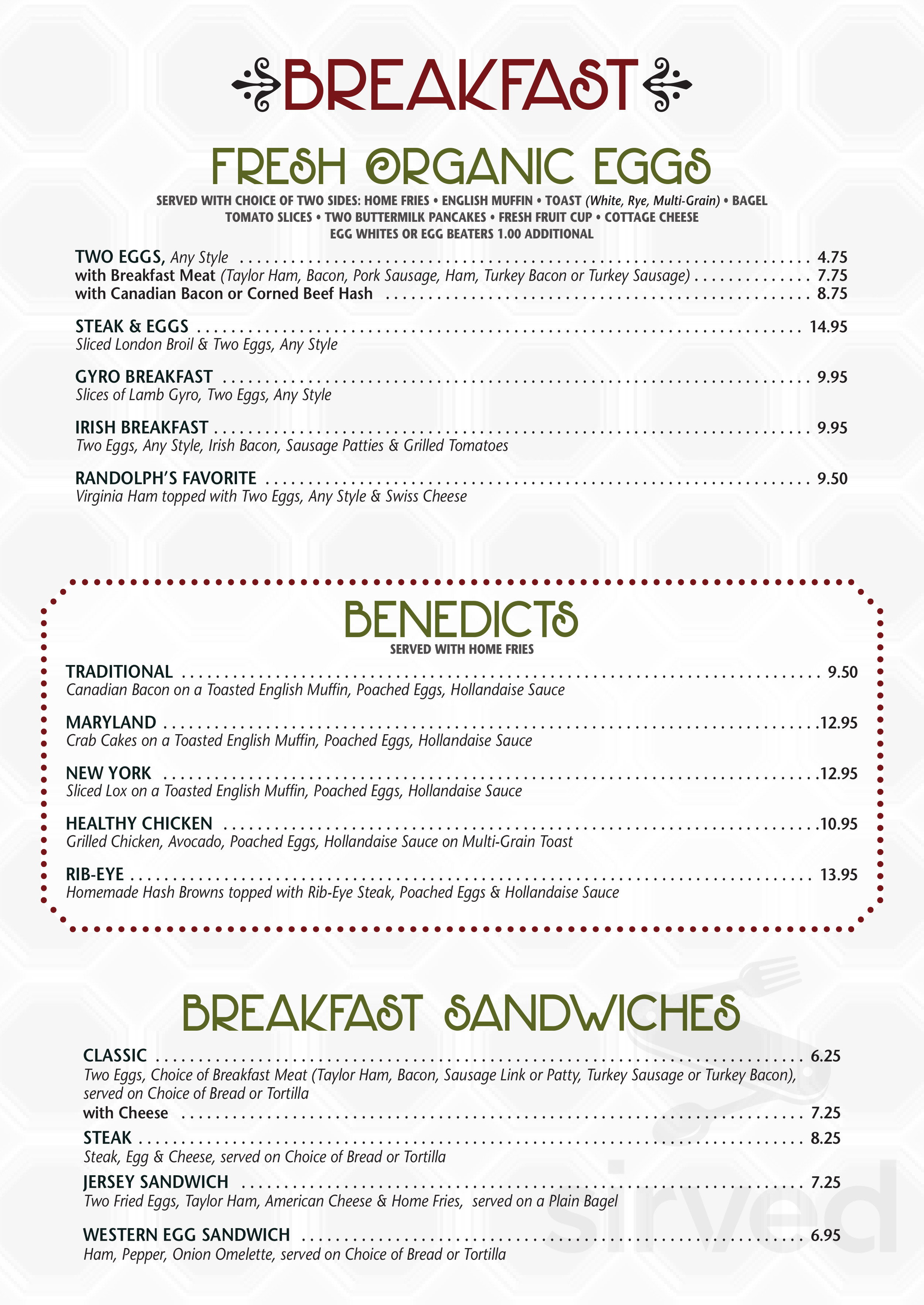The Randolph Diner Bar & Grill menu in Randolph, New Jersey, USA