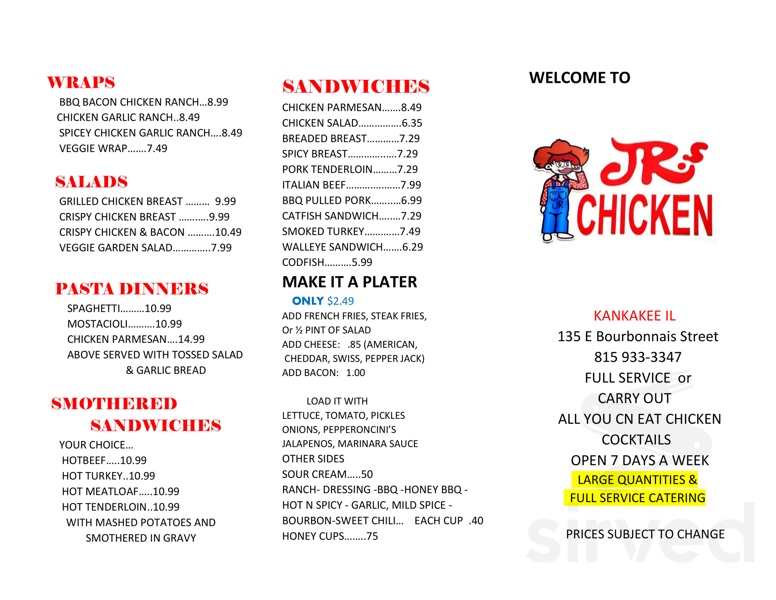 Menu - Kankakee IL's JR’S CHICKEN | Sirved