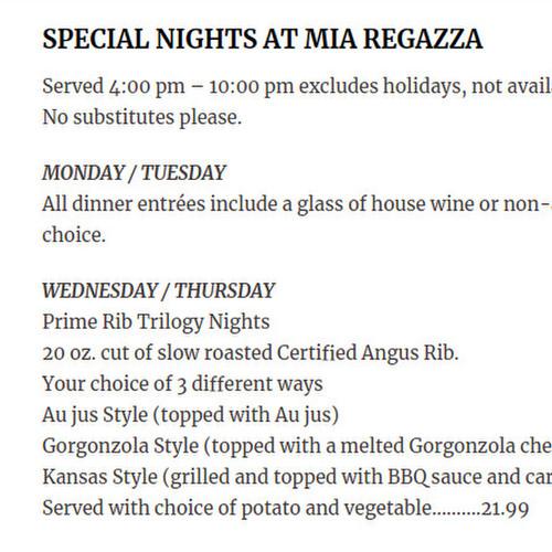 Mia Regazza menu in Abington, Massachusetts, USA