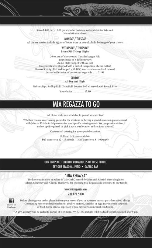 Mia Regazza menu in Abington, Massachusetts, USA