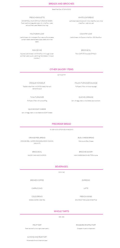 La Brioche menu in Norfolk, Virginia, USA