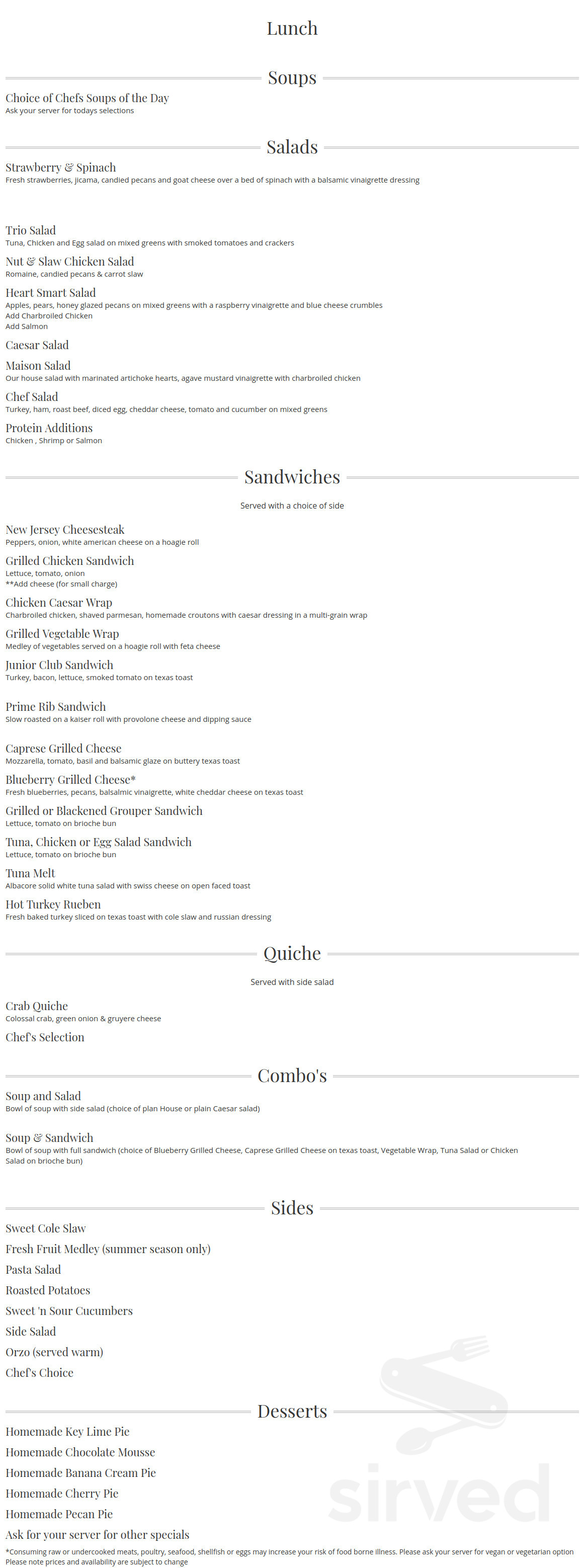 The Rose Plantation menu in Fruitland Park, Florida, USA