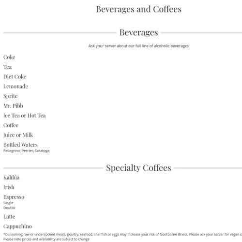 The Rose Plantation menu in Fruitland Park, Florida, USA