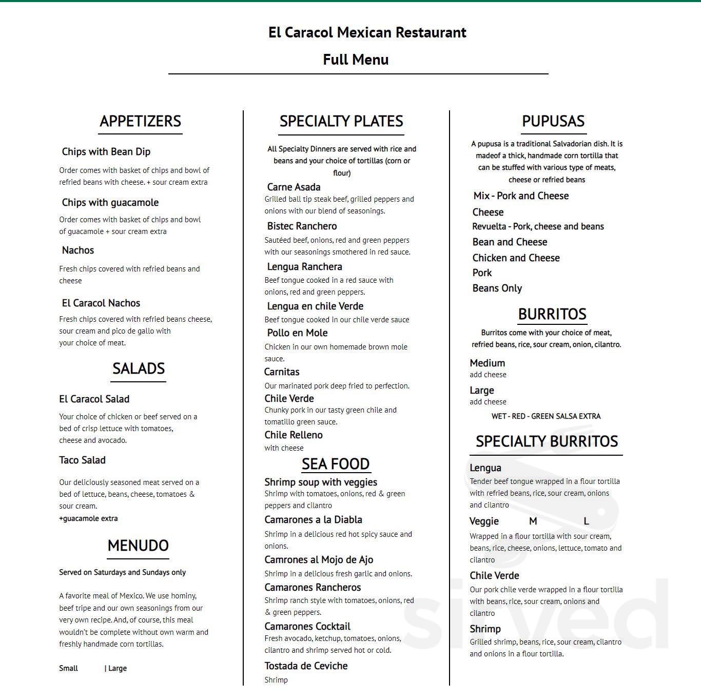 El Caracol Mexican Restaurant - Fairfield menu in Fairfield, California ...