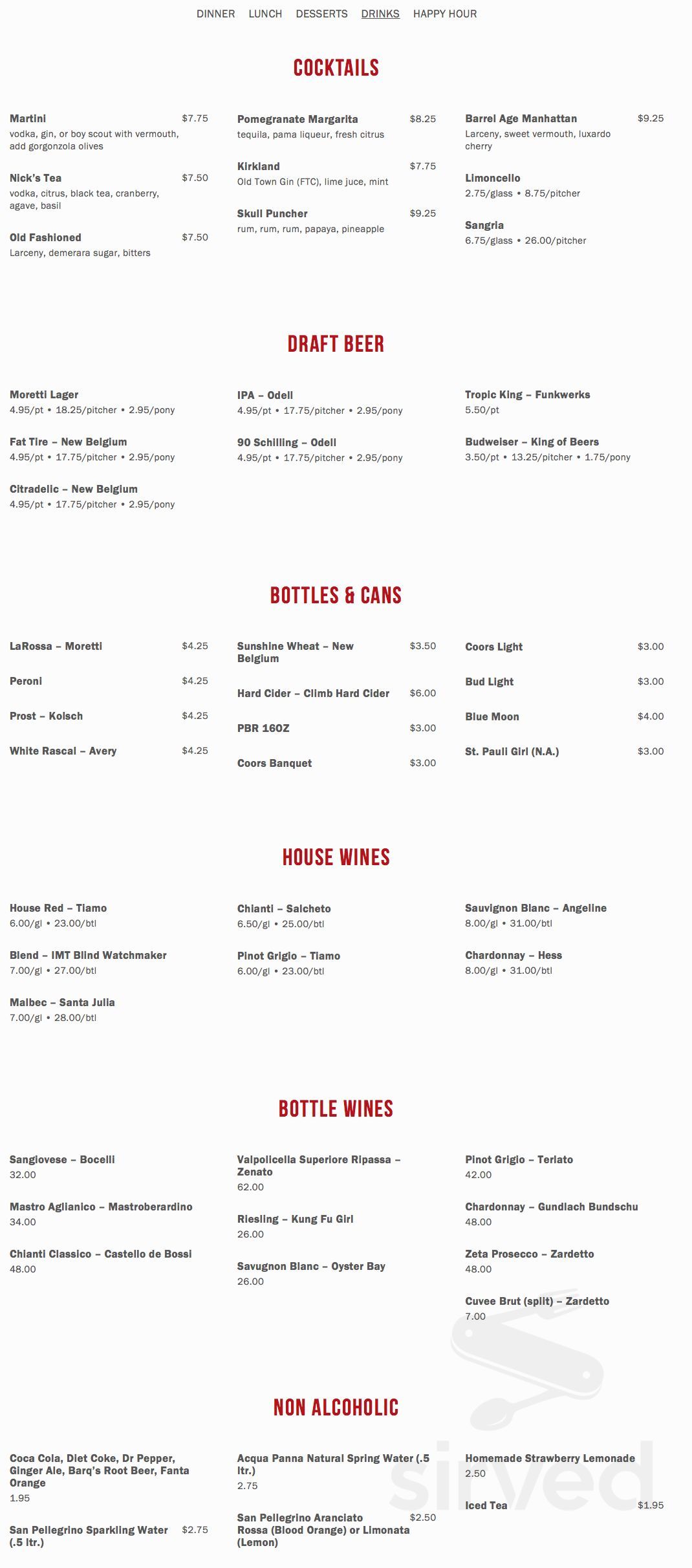 Nick's Restaurant And Bar menu in Fort Collins, Colorado, USA