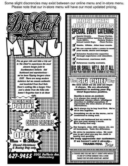 Big Chief Drive-In menu in Wallaceburg, Ontario, Canada