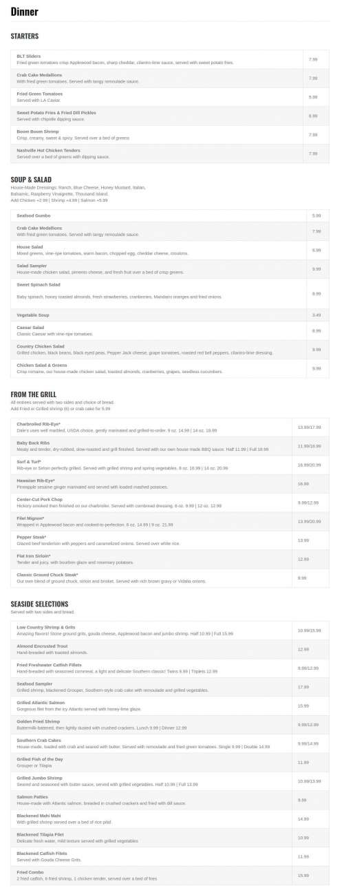 Dale's Southern Grill menu in Hoover, Alabama, USA