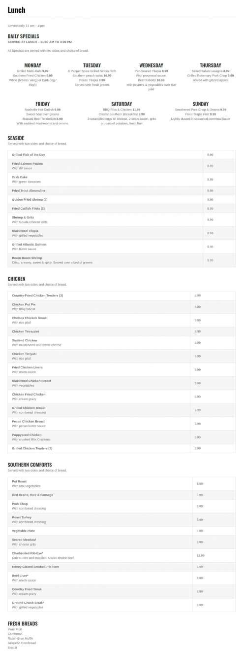 Dale's Southern Grill menu in Hoover, Alabama, USA