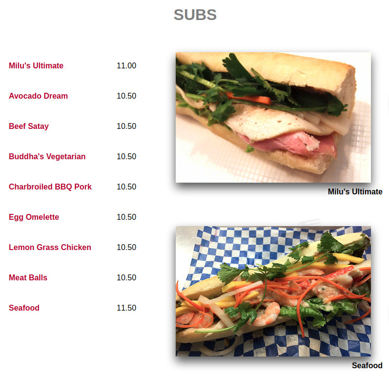 Menu - Regina SK's Milu Fresh Rolls & V-Subs(EAST) | Sirved