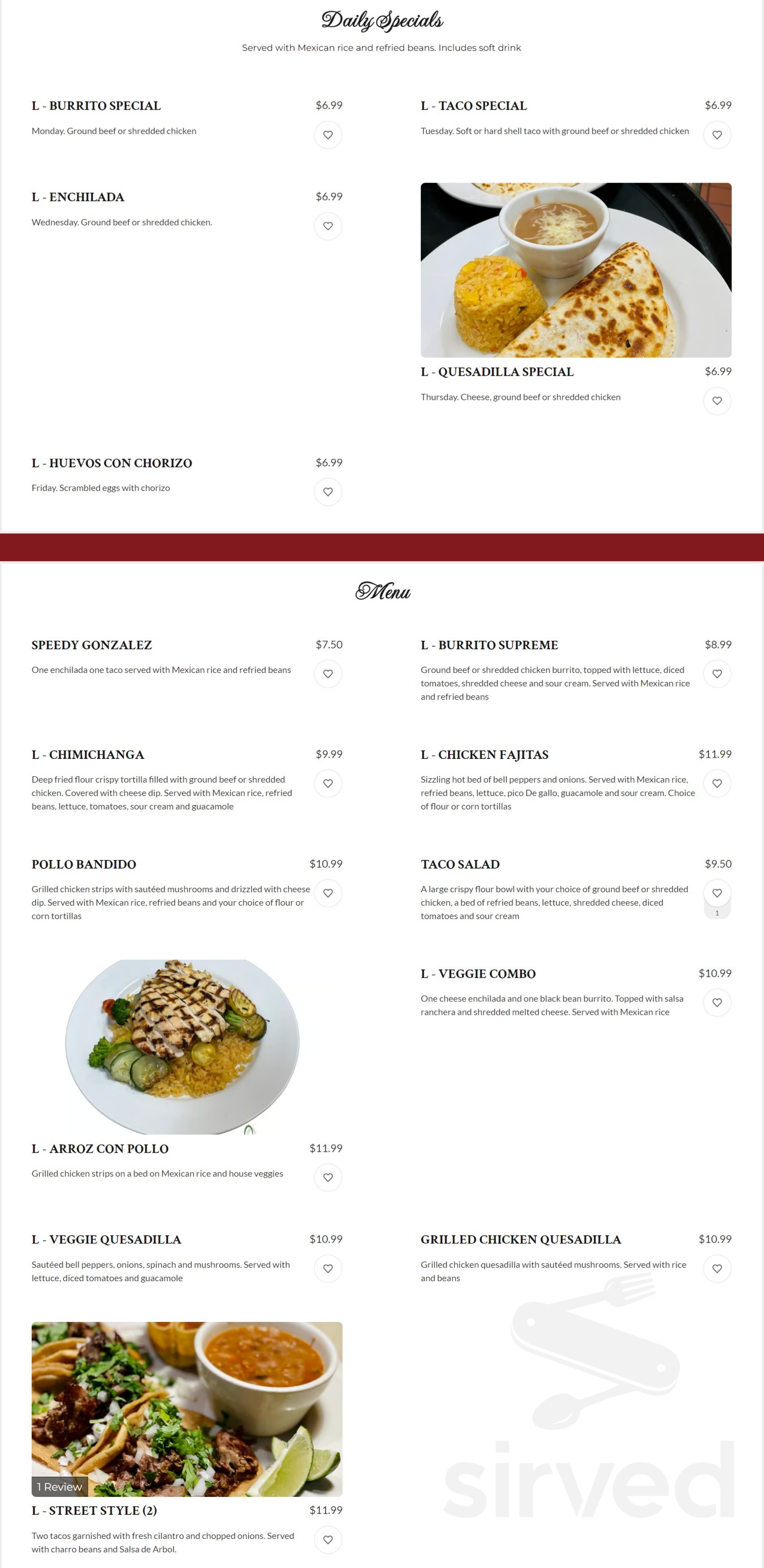 El Rincon Mexican Restaurant menu in Dothan, Alabama, USA