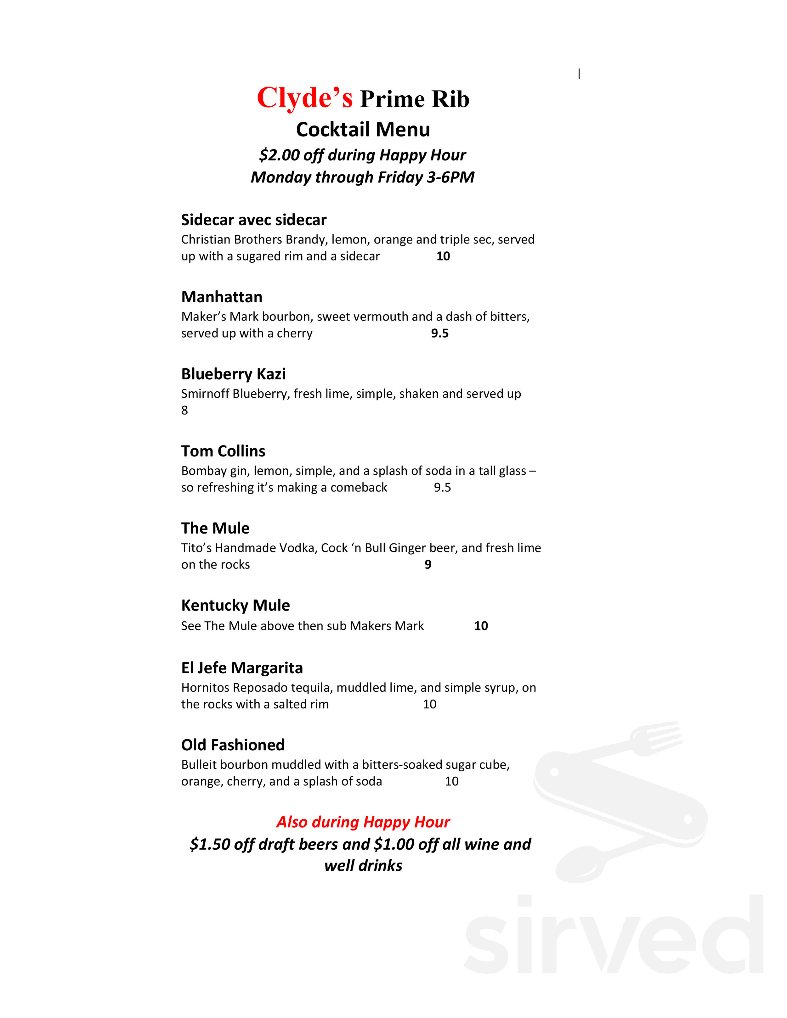Clyde's Prime Rib Restaurant and Bar menu in Portland, Oregon, USA