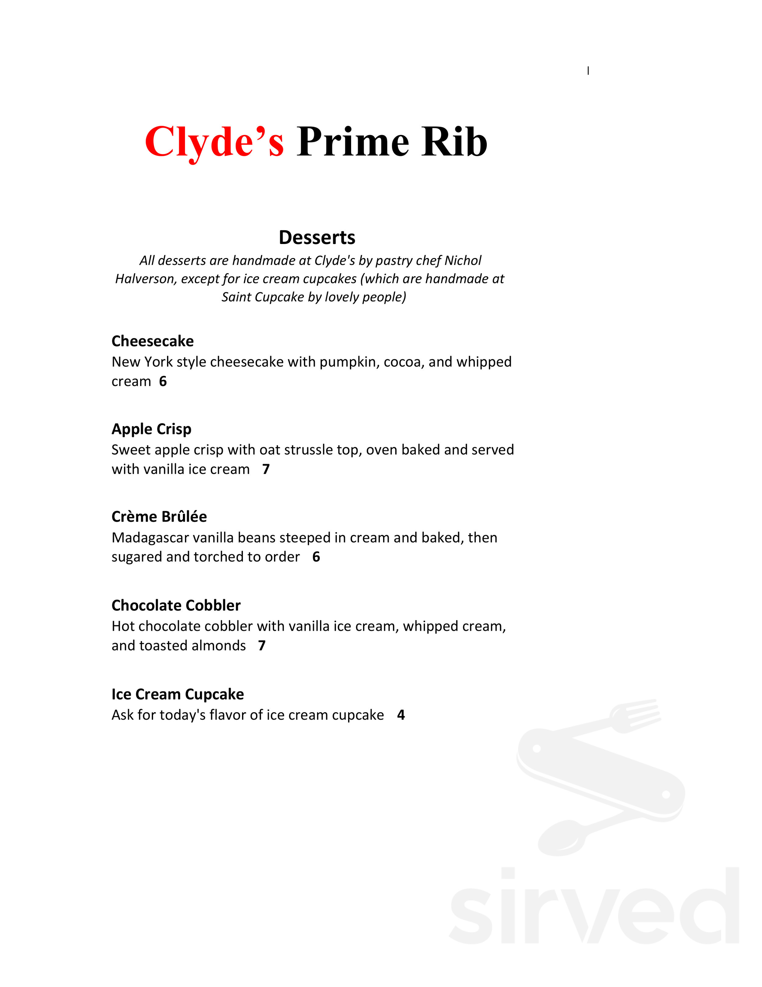 Menu for Clyde's Prime Rib Restaurant and Bar in Portland, OR | Sirved