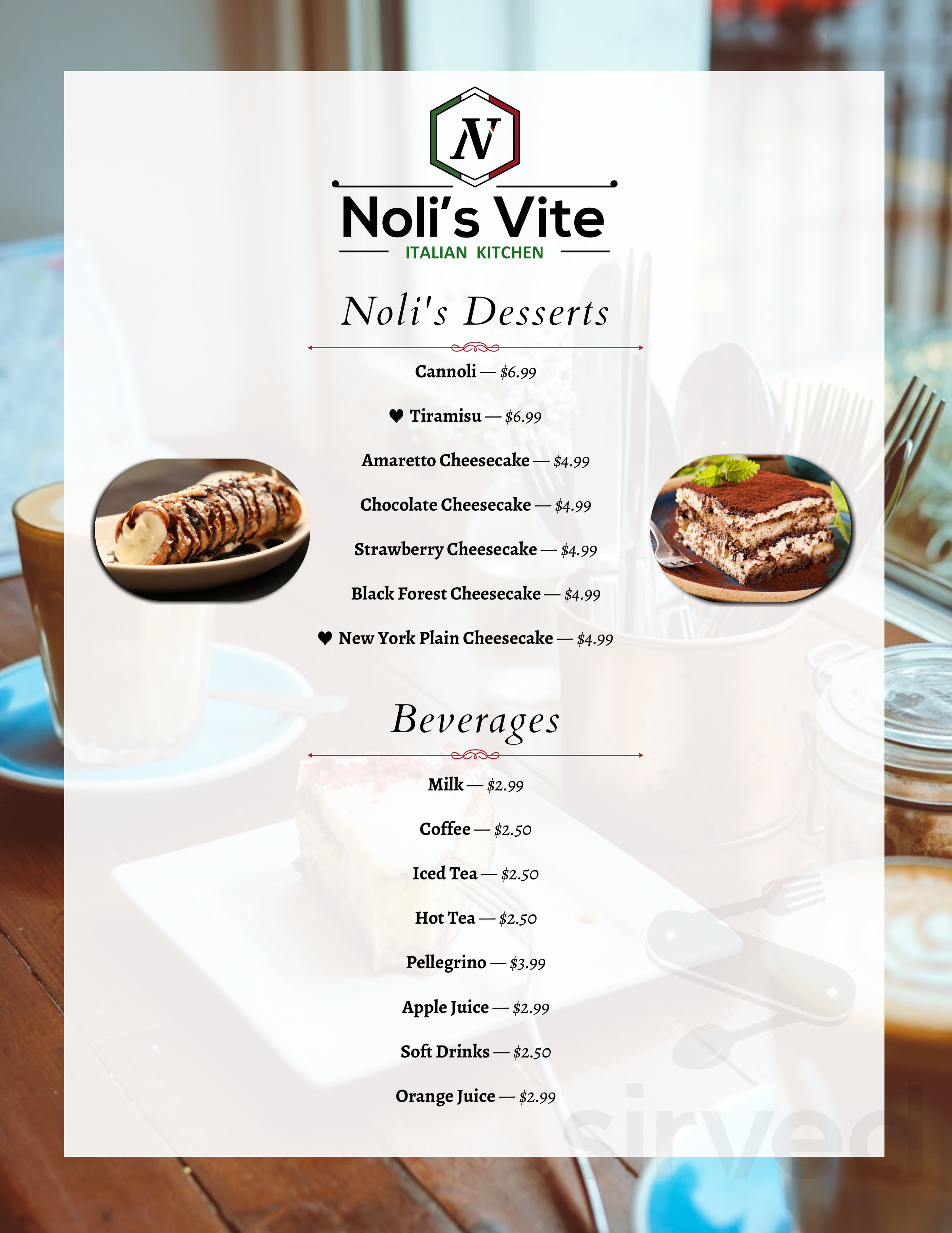 Noli's Vite menu in Cibolo, Texas, USA