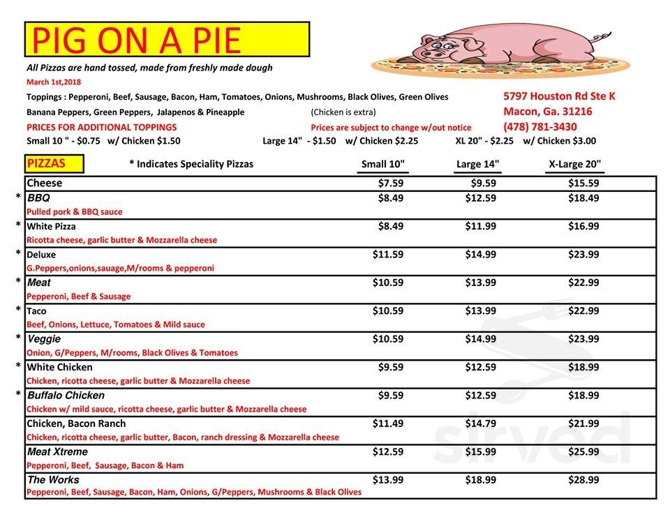 Menu - Macon GA's Pig on a Pie | Sirved