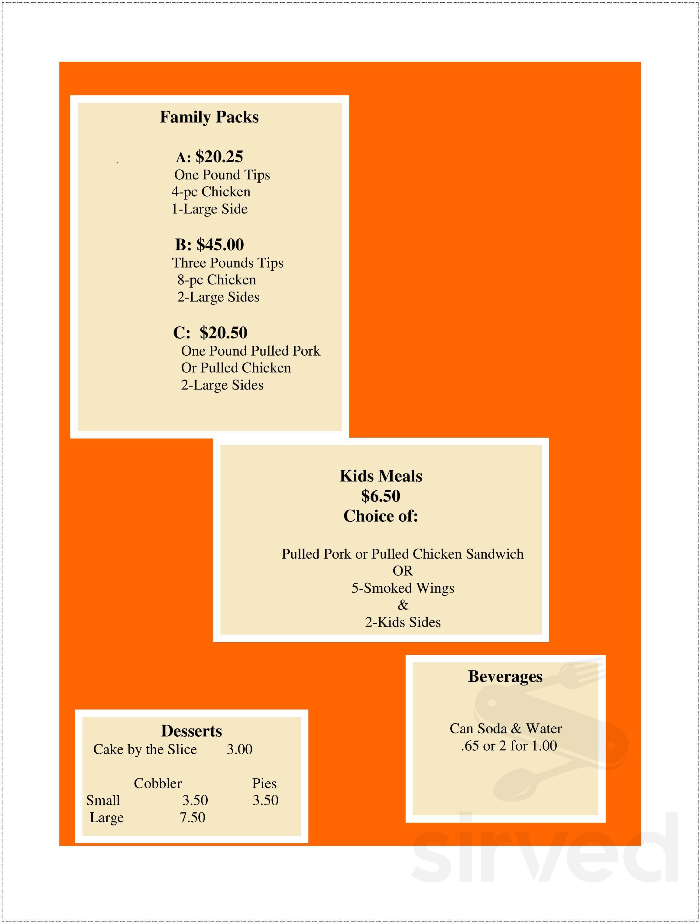 Garrett's Smokehouse Barbeque menu in Indianapolis, Indiana, USA