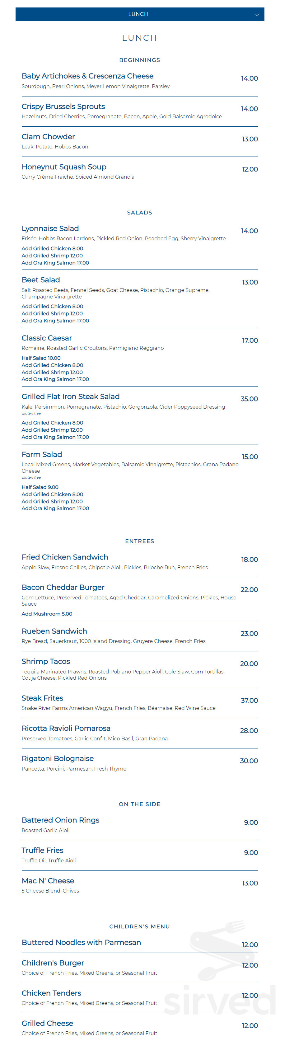 The Mansion Lounge menu in Napa, California, USA
