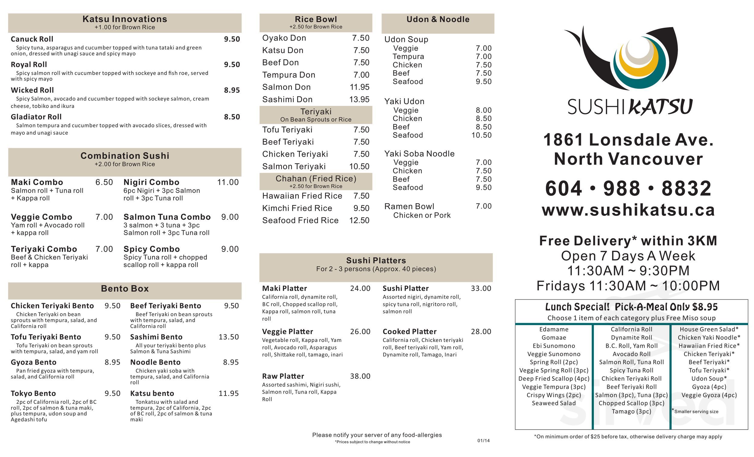 Sushi Katsu menu in North Vancouver, British Columbia, Canada