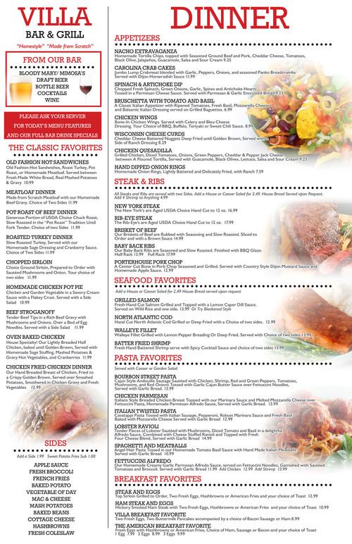 Villa Bar & Grill menu in Albertville, Minnesota, USA