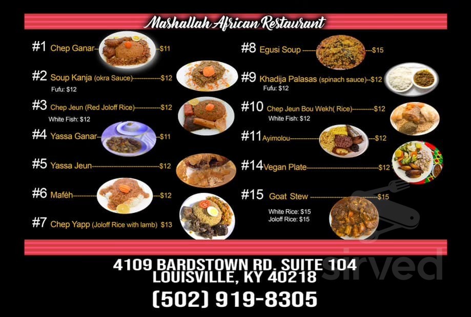 Menu - Louisville KY's Mashallah African Restaurant | Sirved
