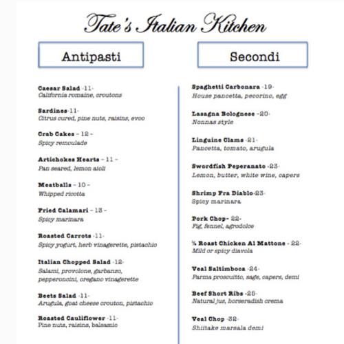 Tate's Italian Kitchen menu in North Kingstown, Rhode Island, USA